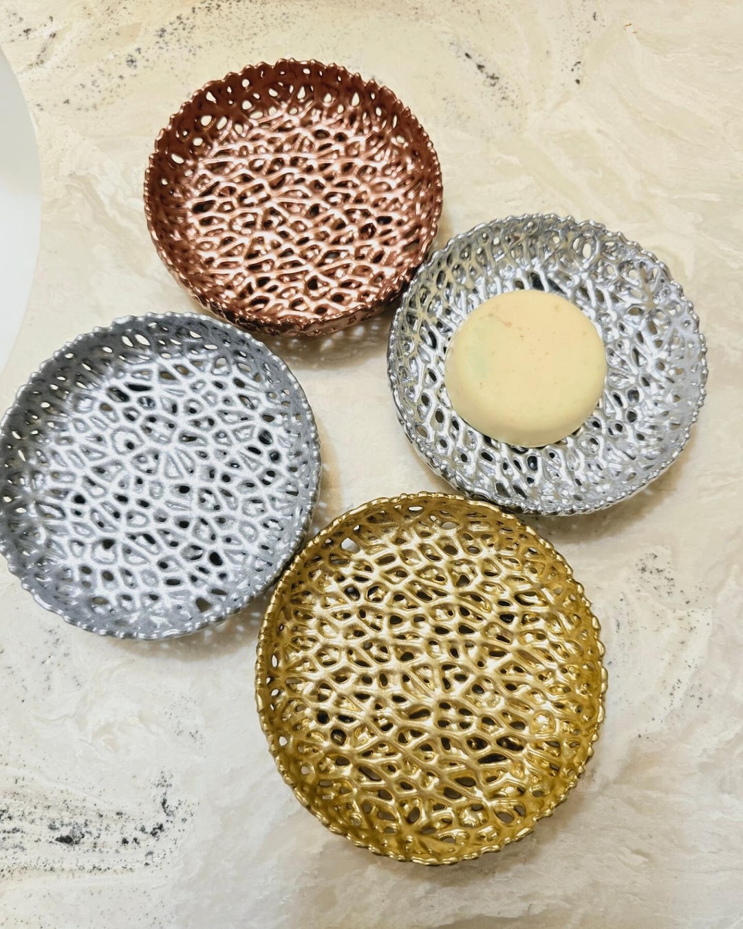 Round SOAP Holder METALLIC Colors Gold Silver Copper Hammered Iron ...