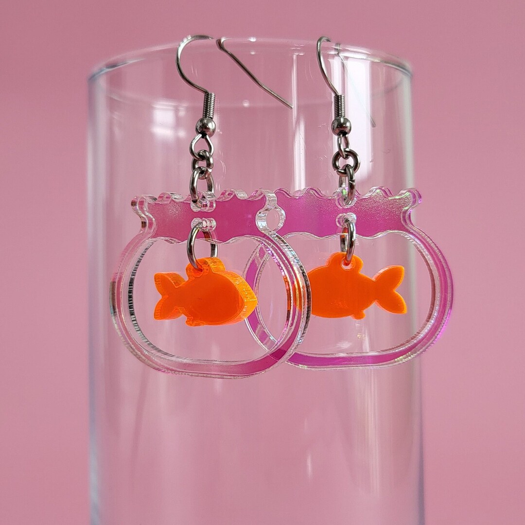 Quirky Little Goldfish in a Bowl Earrings, Iridescent Laser Cut Acrylic ...