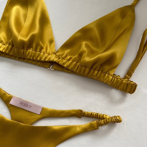 Mustard Yellow Silk Lingerie Set 100 Silk Bralette And Thong Etsy
