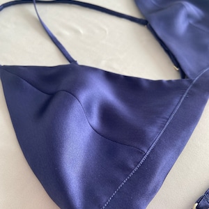 Navy Blue Silk Lingerie Set, 100% Silk Bralette & Thong, Silk Satin Bra ...