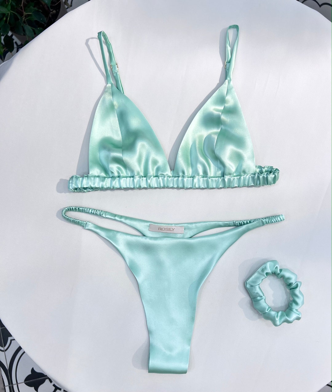 Green Silk Lingerie Set 100 Silk Bralette Andthong Green Silk Satin