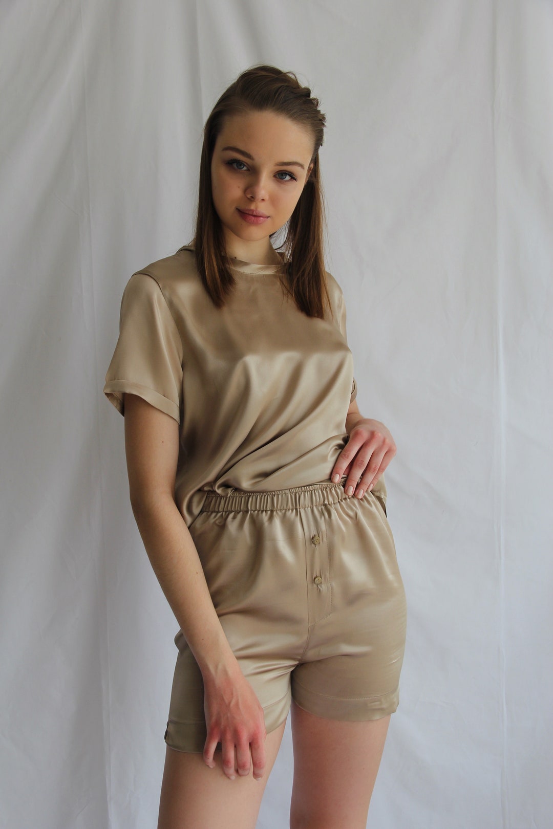 Handmade Beige Silk Pajama Set: Luxury Women's Sleepwear - Etsy