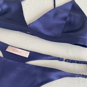 Navy Blue Silk Lingerie Set, 100% Silk Bralette & Thong, Silk Satin Bra ...