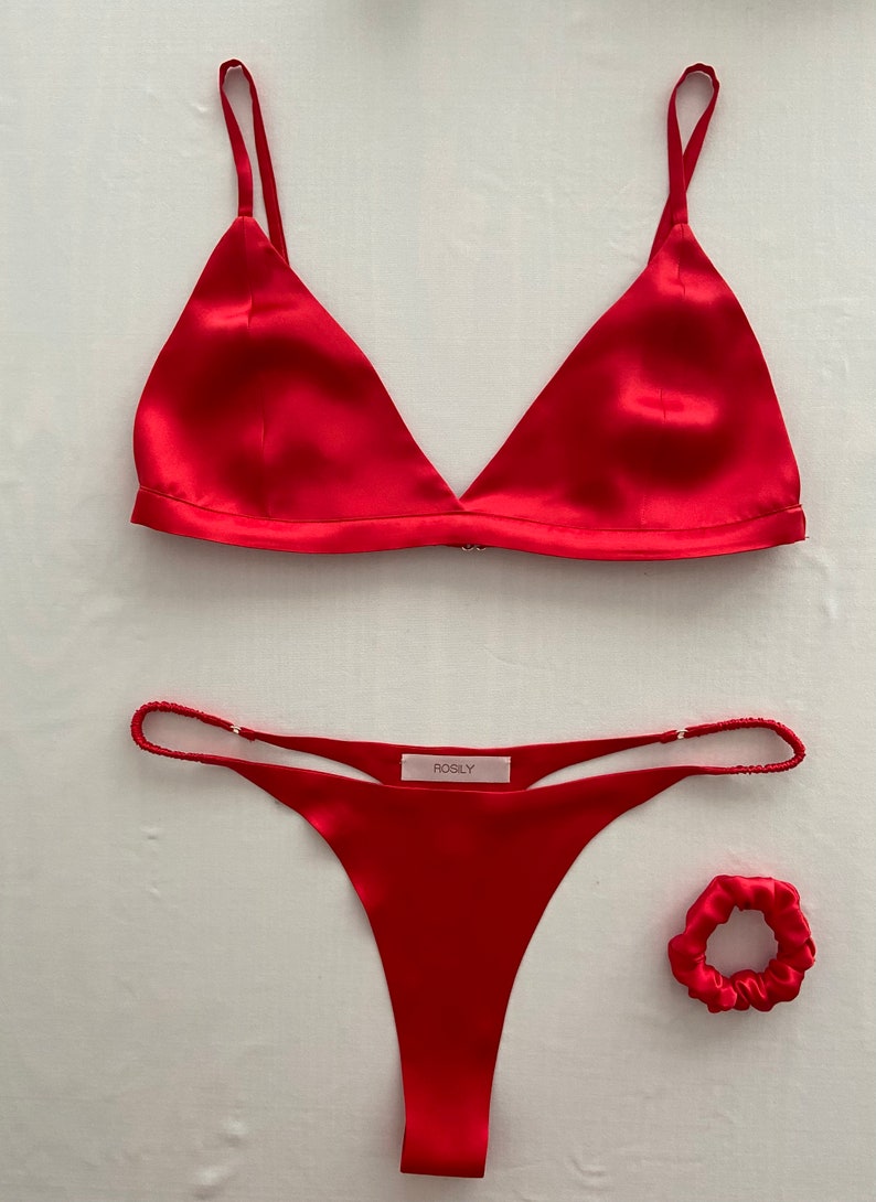 Red Silk Lingerie Set 100% Silk Bralette & Thong Silk Satin - Etsy
