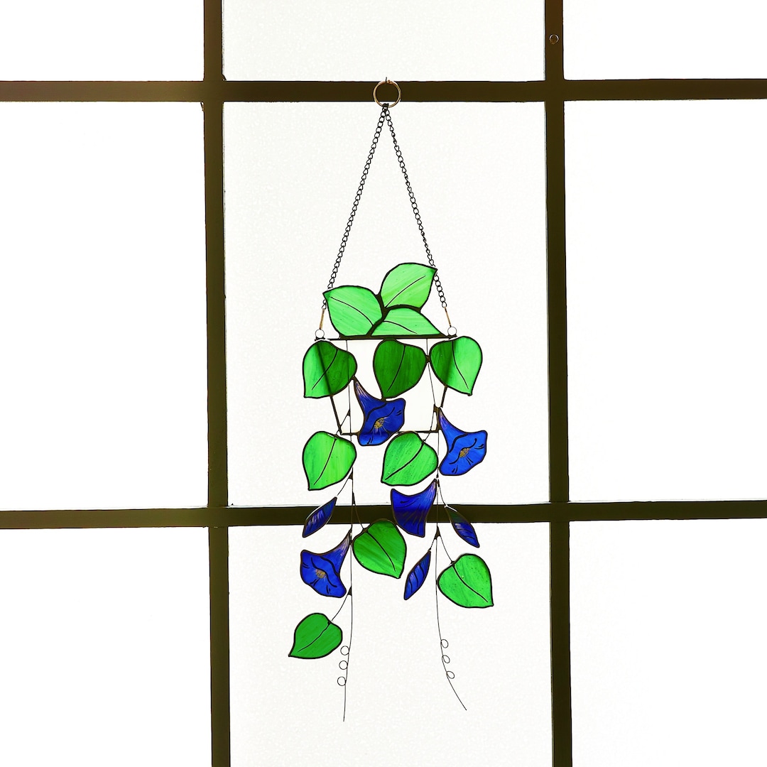 Blue Morning Glory Stained Glass Suncatcher - Boho Window Decor - Etsy