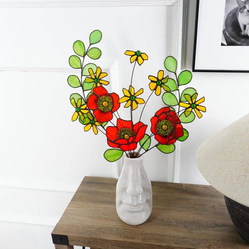 Handmade Stained Glass Poppy & Daisy Bouquet: Floral Home Decor - Etsy