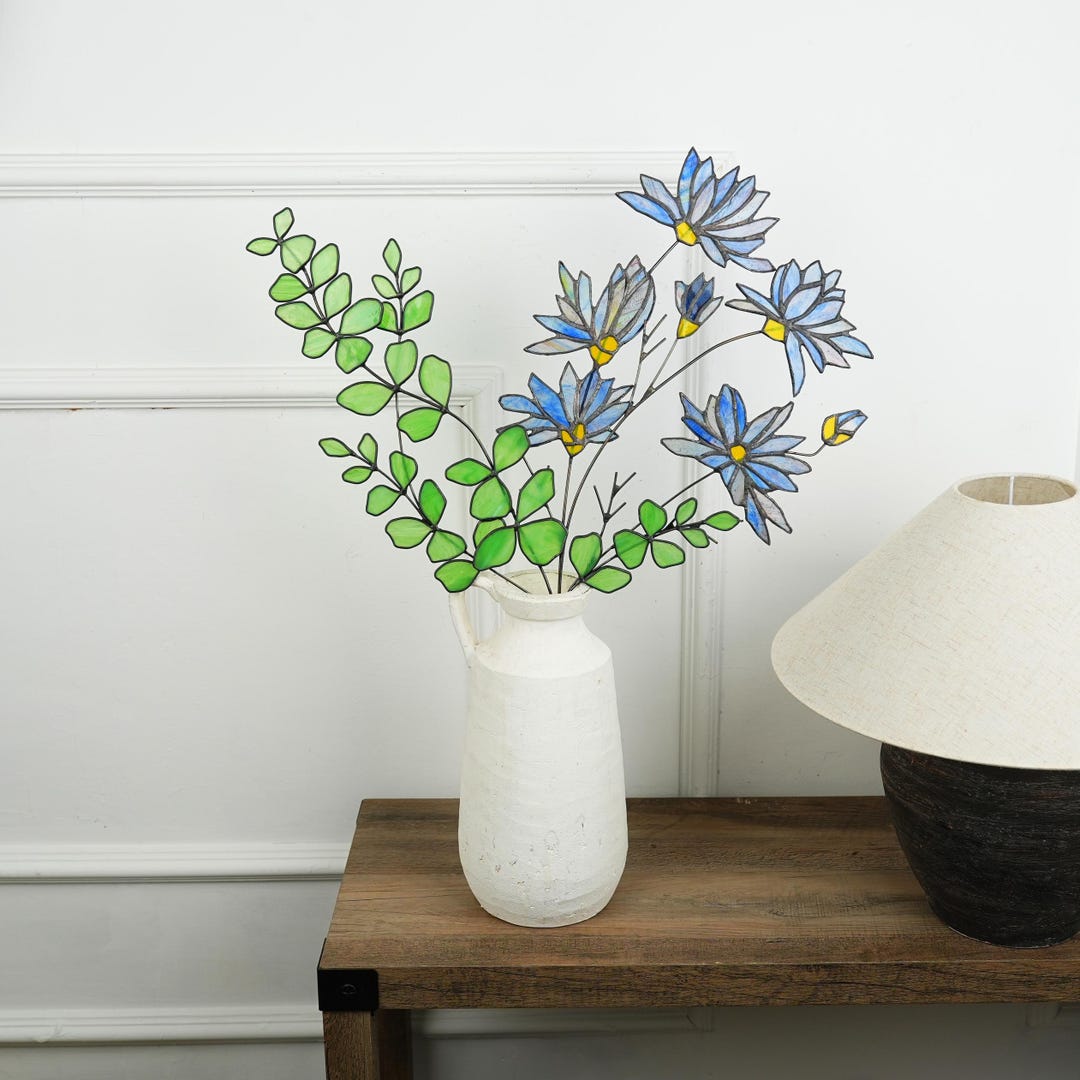 Stained Glass Aster and Eucalyptus Bouquet:minimalist Home Decor - Etsy