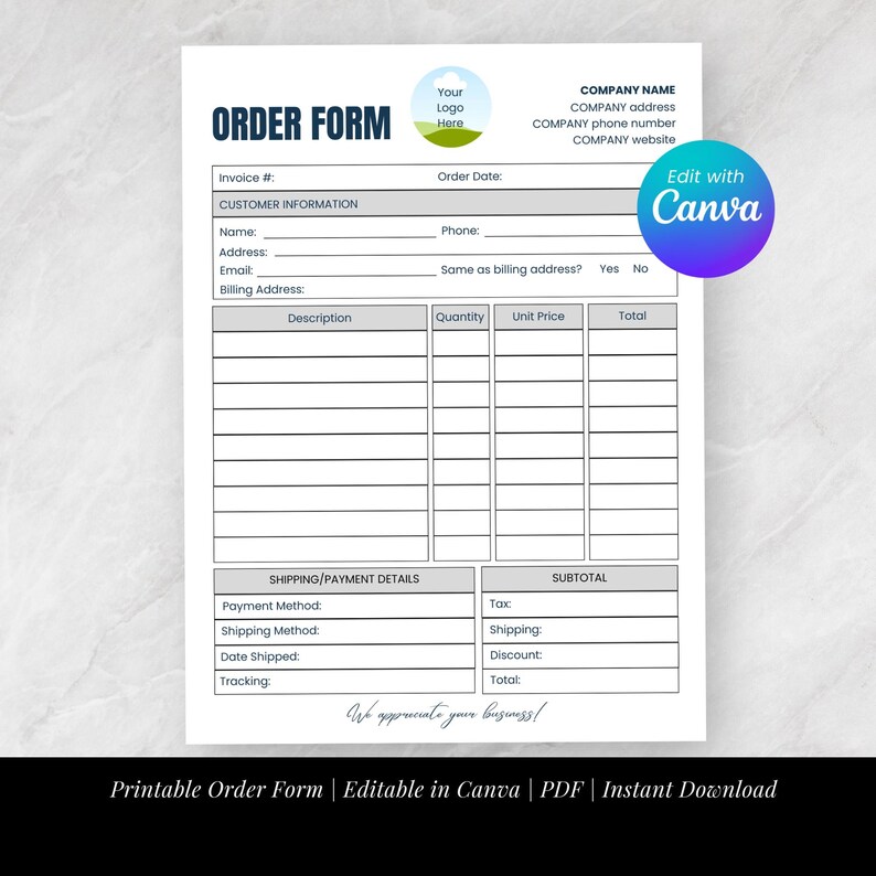 Custom Order Form Template | Order Form Editable | Purchase Order Form Invoice Template | Small ...