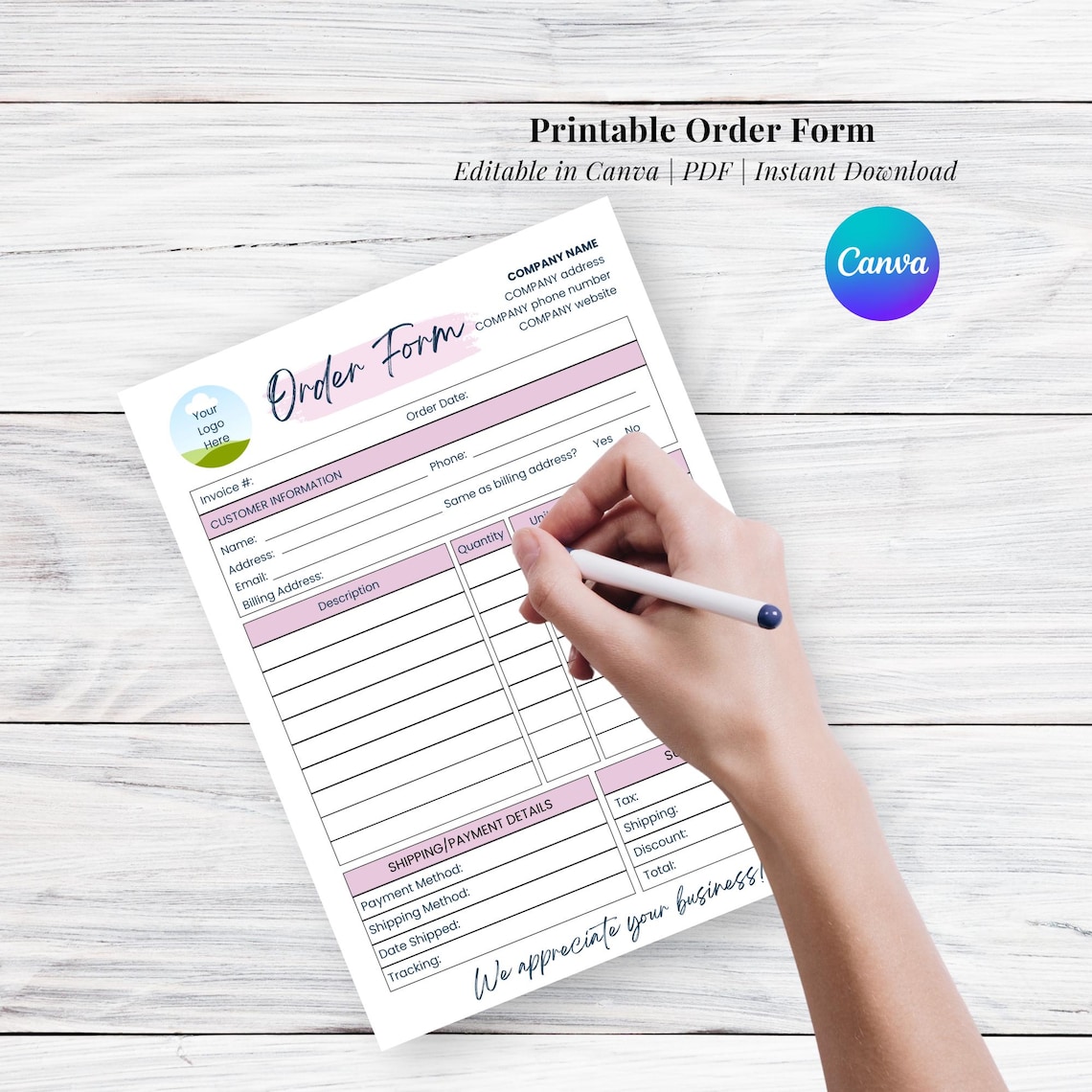 Fillable Order Form Template | Purchase Order Form Invoice Template | Editable Small Business ...