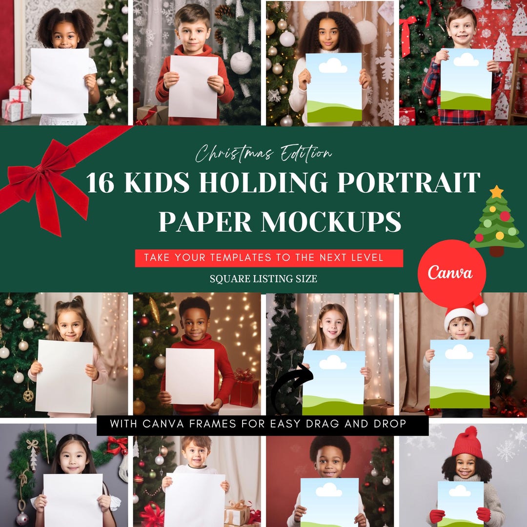 Christmas Printables Mockup, Kids Holding Paper, Portrait Mockup Bundle ...