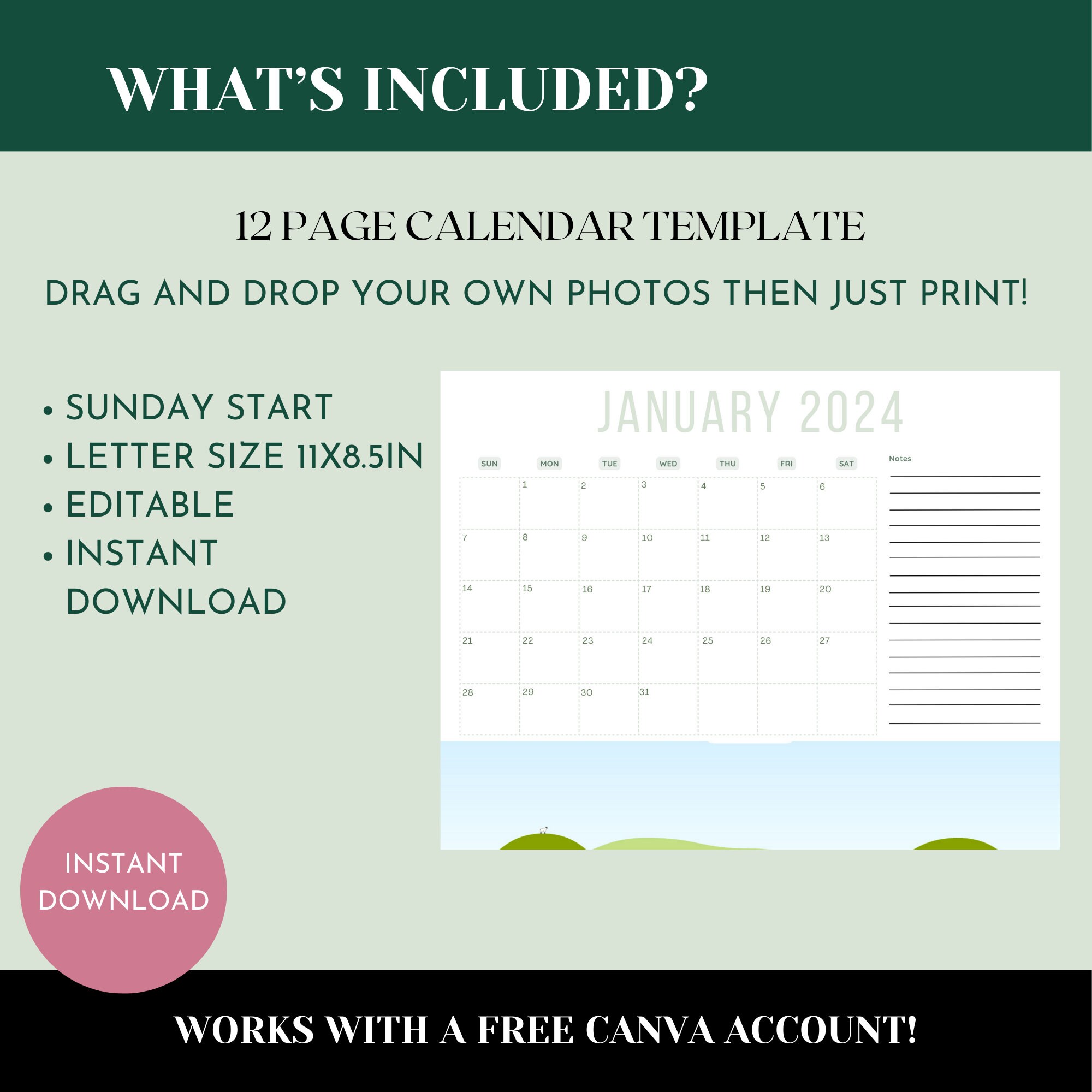 2024 Monthly Planner Landscape Calendar Sunday Start 2024 - Etsy