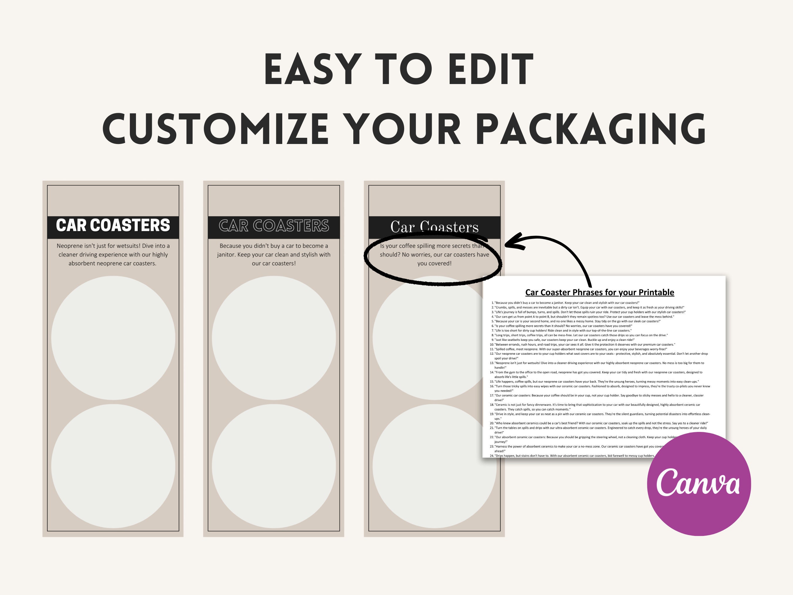 Car Coaster Packaging, Canva Coaster Printable Packaging, Car Coaster ...