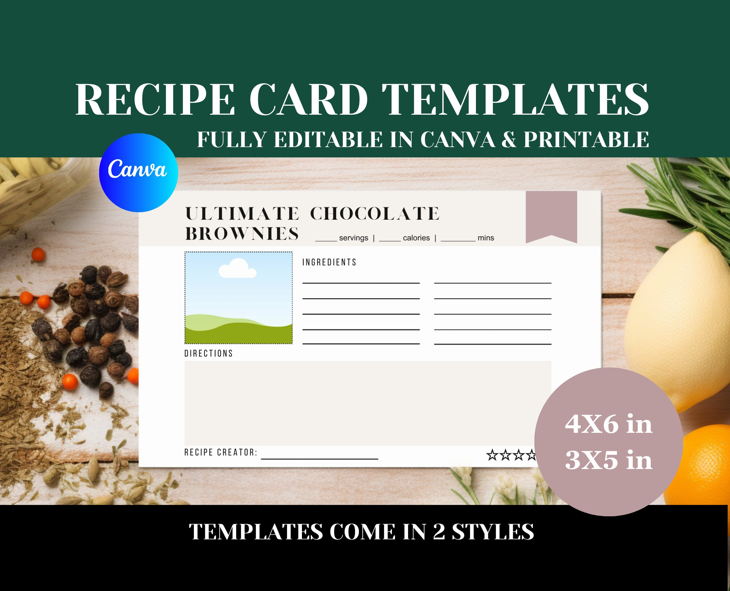 Editable Recipe Card Canva Template | Recipe Cards Insert Printable ...
