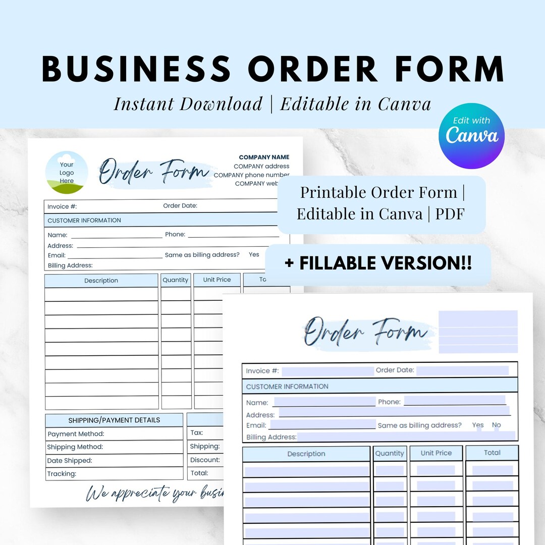 Fillable Order Form Template | Editable Small Business Custom Order ...