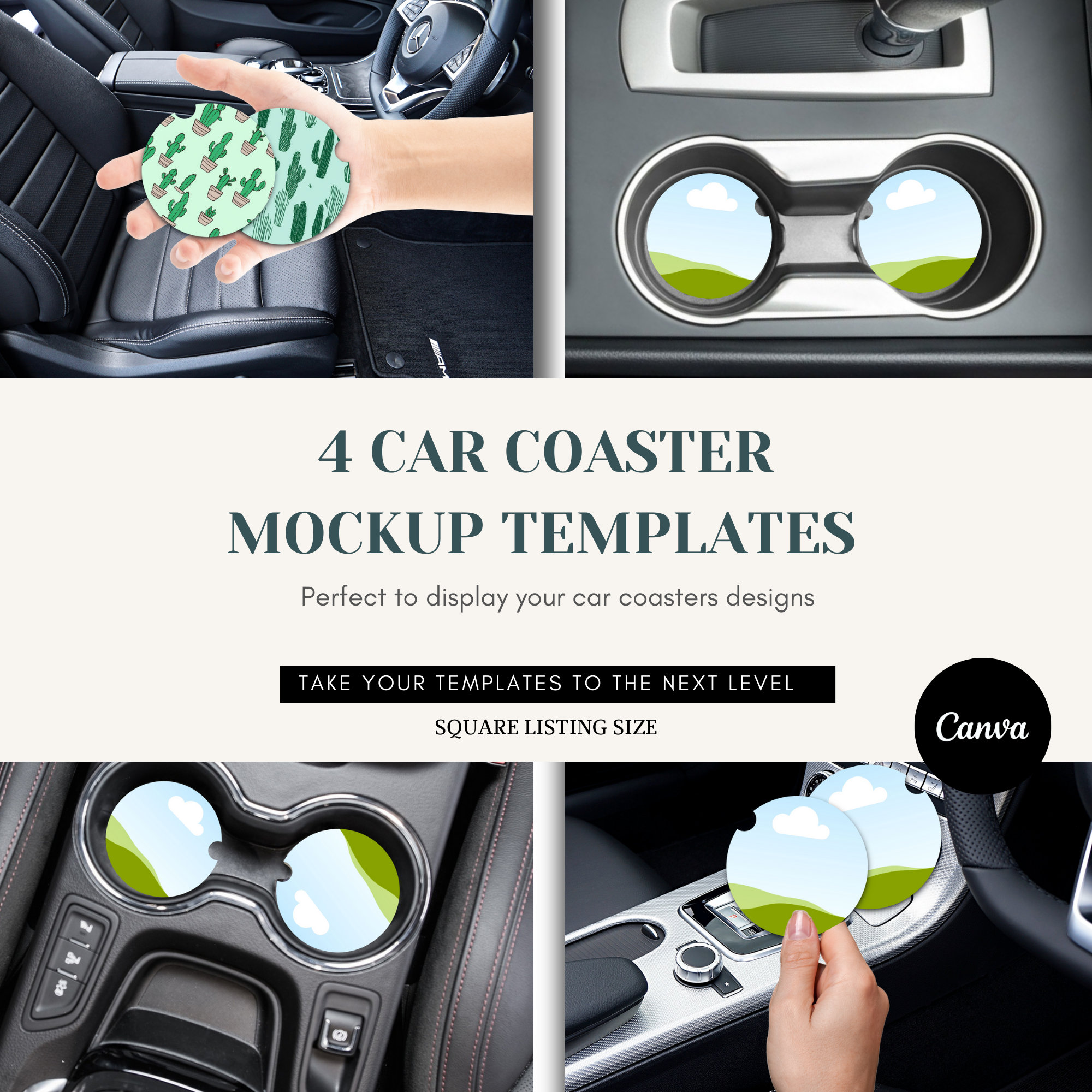 Car Coaster Mockup, Canva Coaster Mock Up, Double Console Cup Holder ...