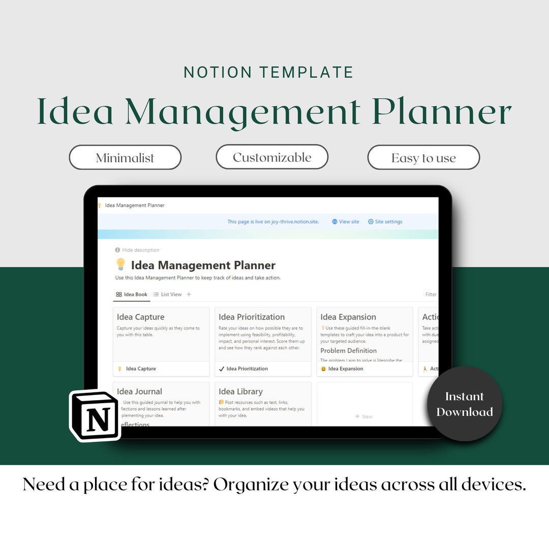Simple Notion Template for Idea Management, Notion Life Planner ...