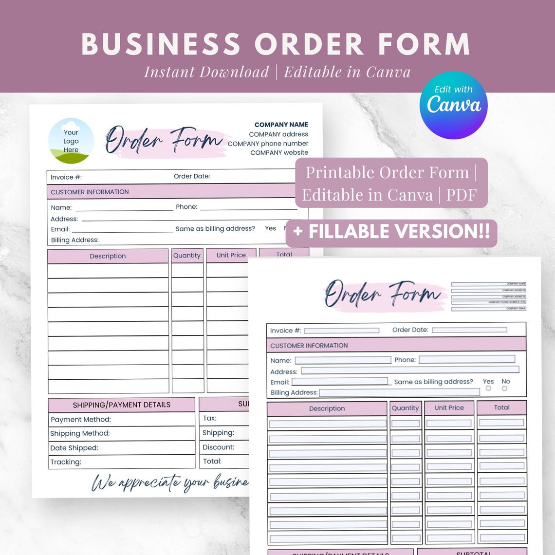 Fillable Order Form Template | Purchase Order Form Invoice Template | Editable Small Business ...