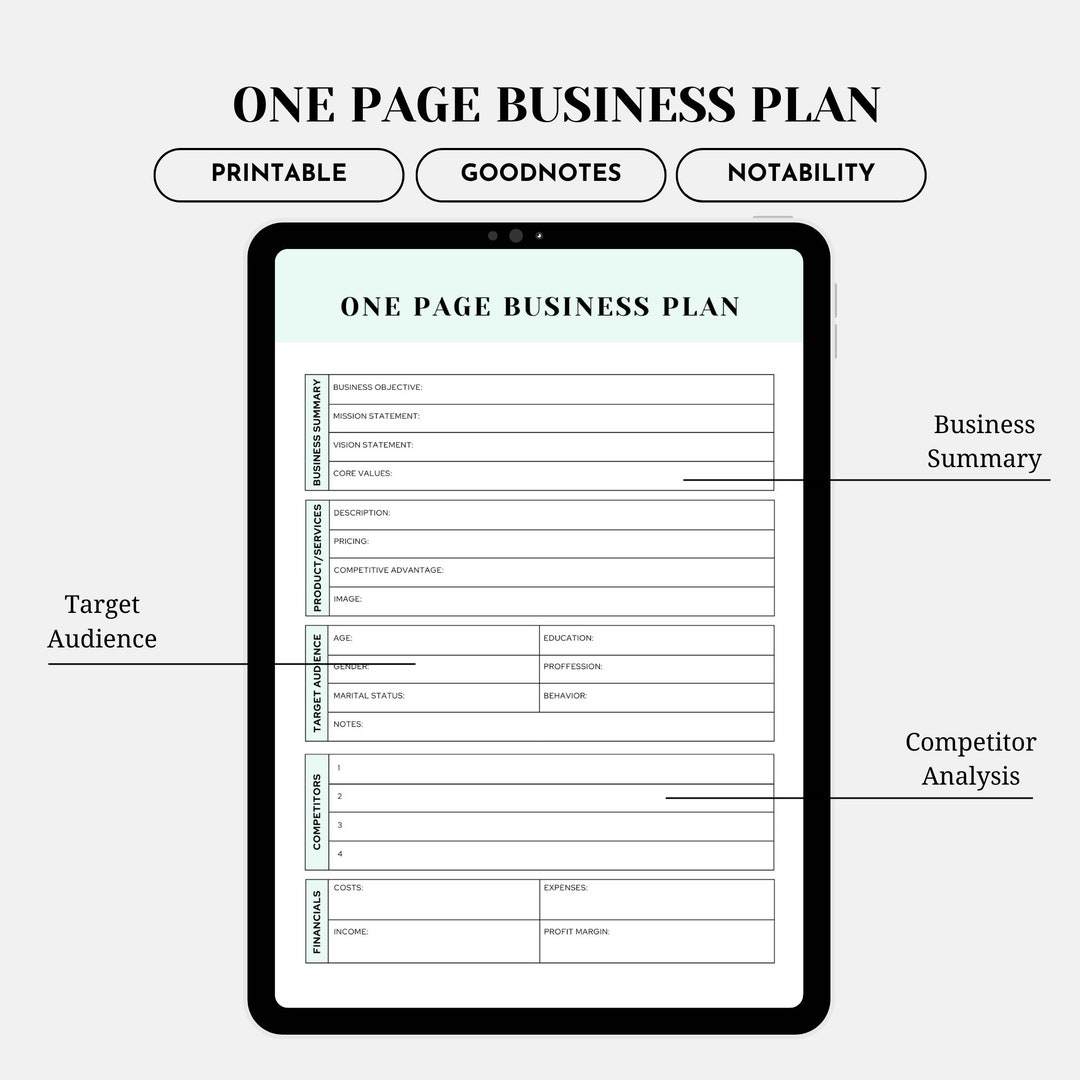One Page Business Plan, Simple Business Plan, Startup Business Planner ...
