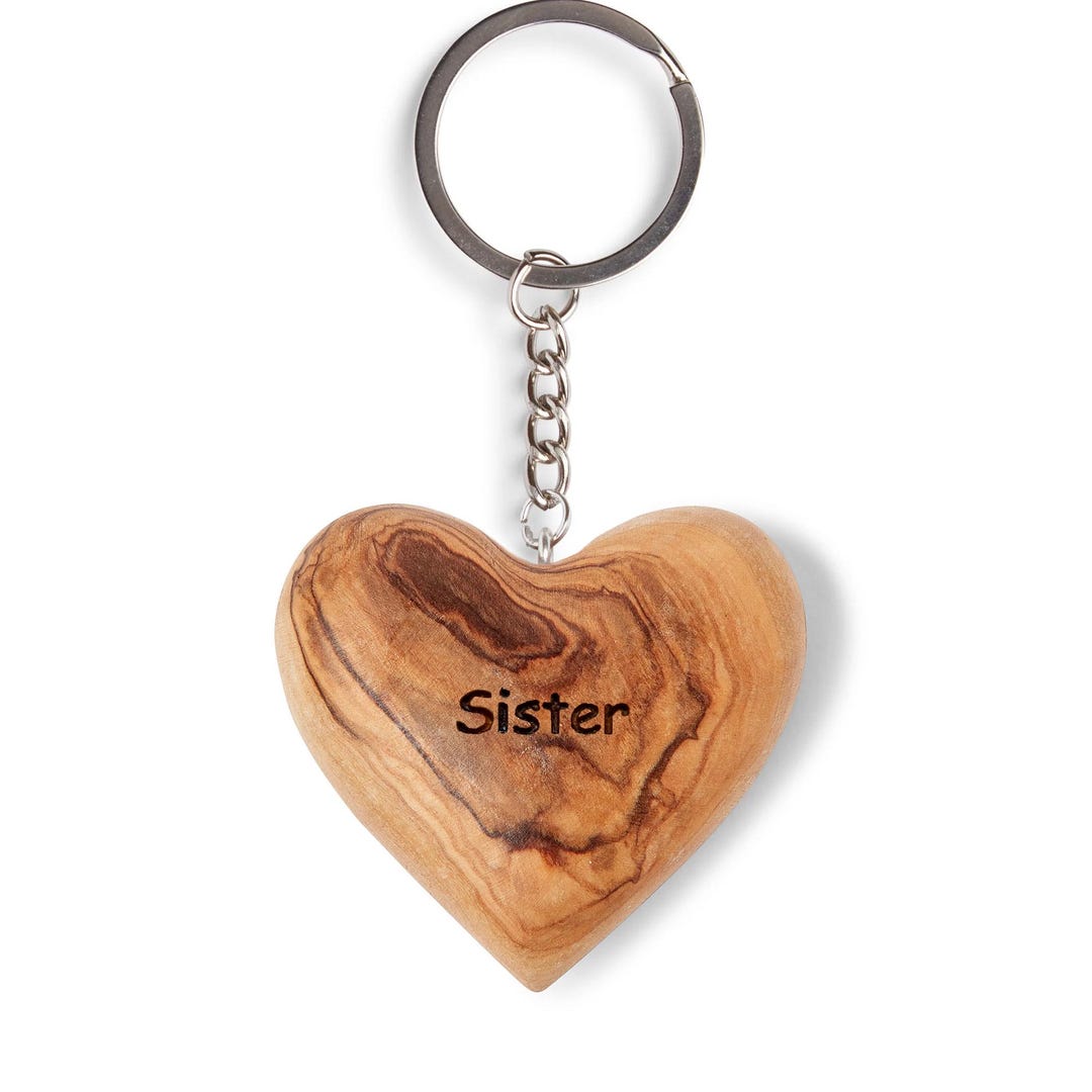 Small Heart 'sister' Hand Carved Olive Wood Keyring Made in the Holy ...