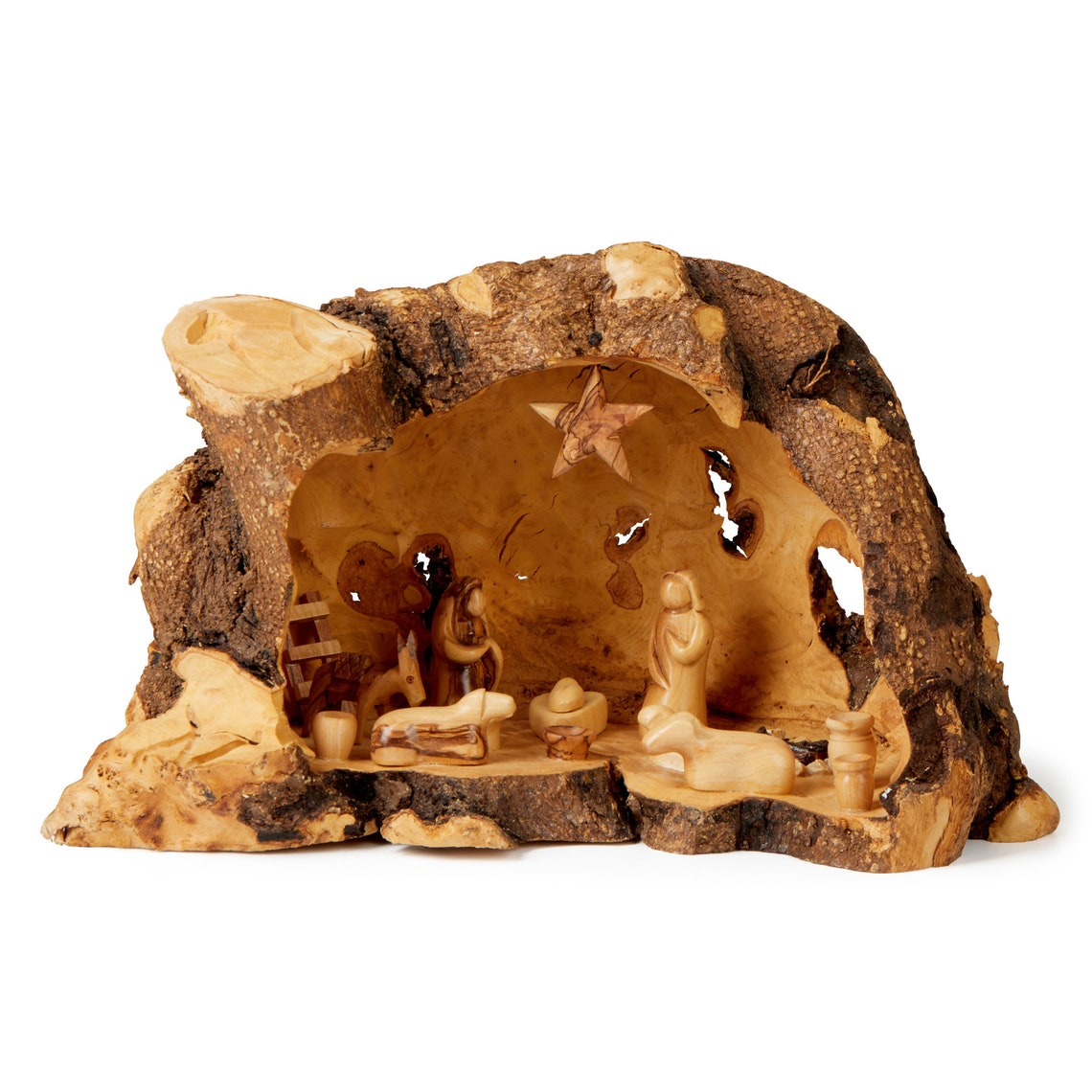 Hand Carved Olive Wood Cave Nativity Scene Made in Bethlehem, the Holy ...