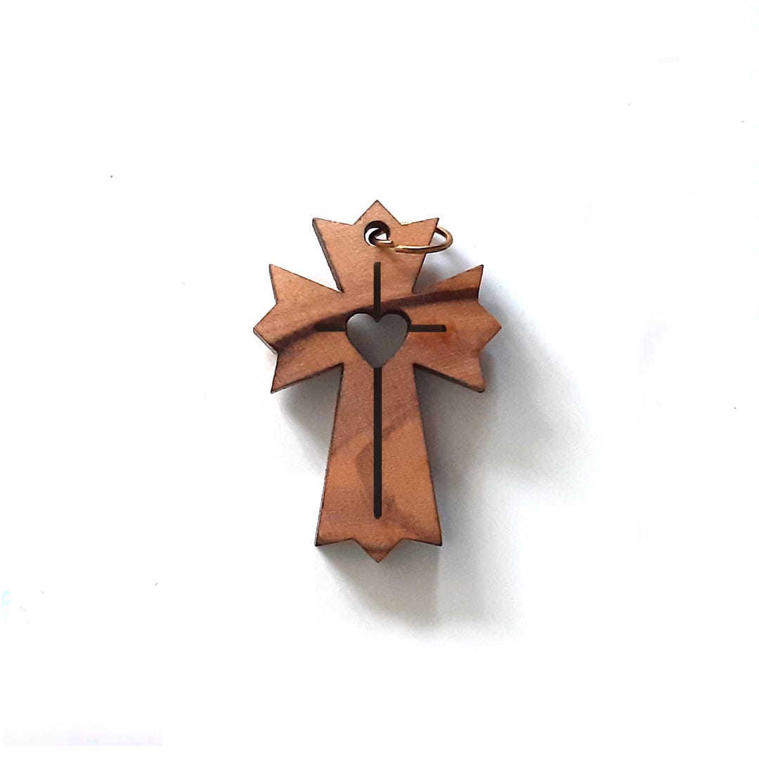 Olive Wood Inset Heart Cross Pendant With Pointed End - Etsy