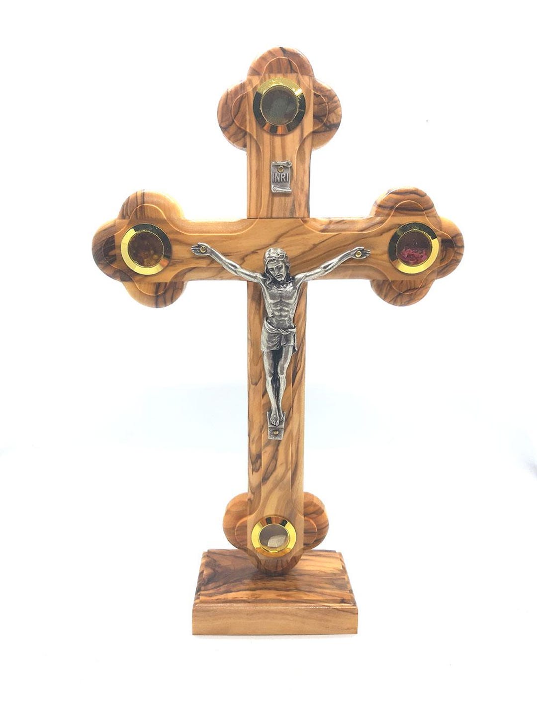 Olive Wood Crucifix Cross on Stand With Holy Soil, Holy Water, Incense ...