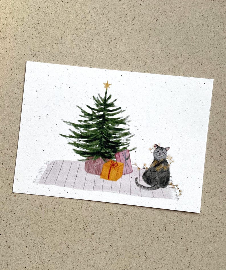 Christmas Card Christmas Tree Tomcat Chaos Fairy Lights Cat Love - Etsy