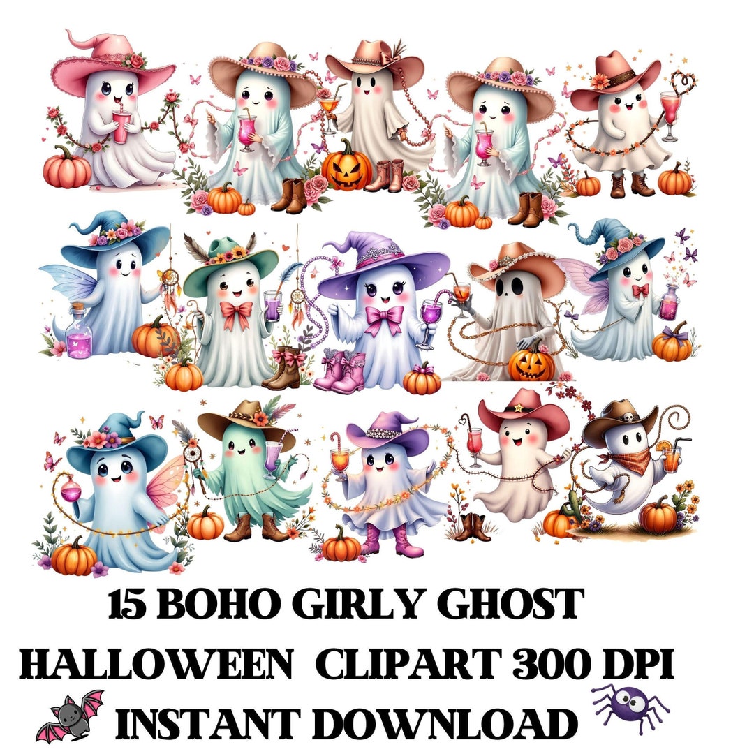 Cute Girly Boho Ghost With Hat Drinking Juice Clip Art Bundle 15 ...