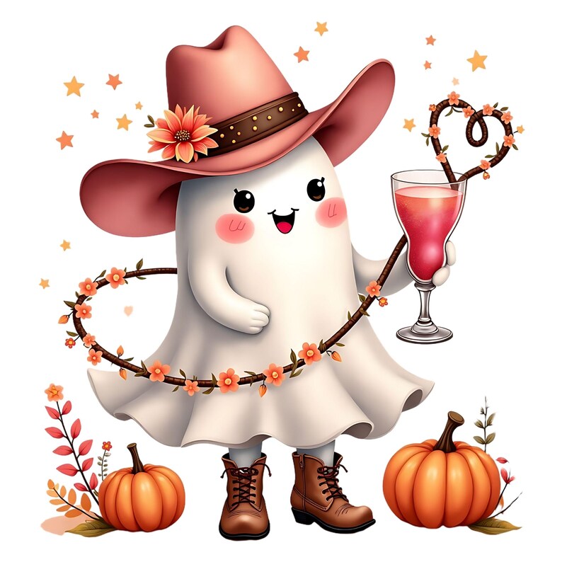 15 Girly Boho Ghost With Hat Drinking Juice Clip Art Bundle, Halloween ...