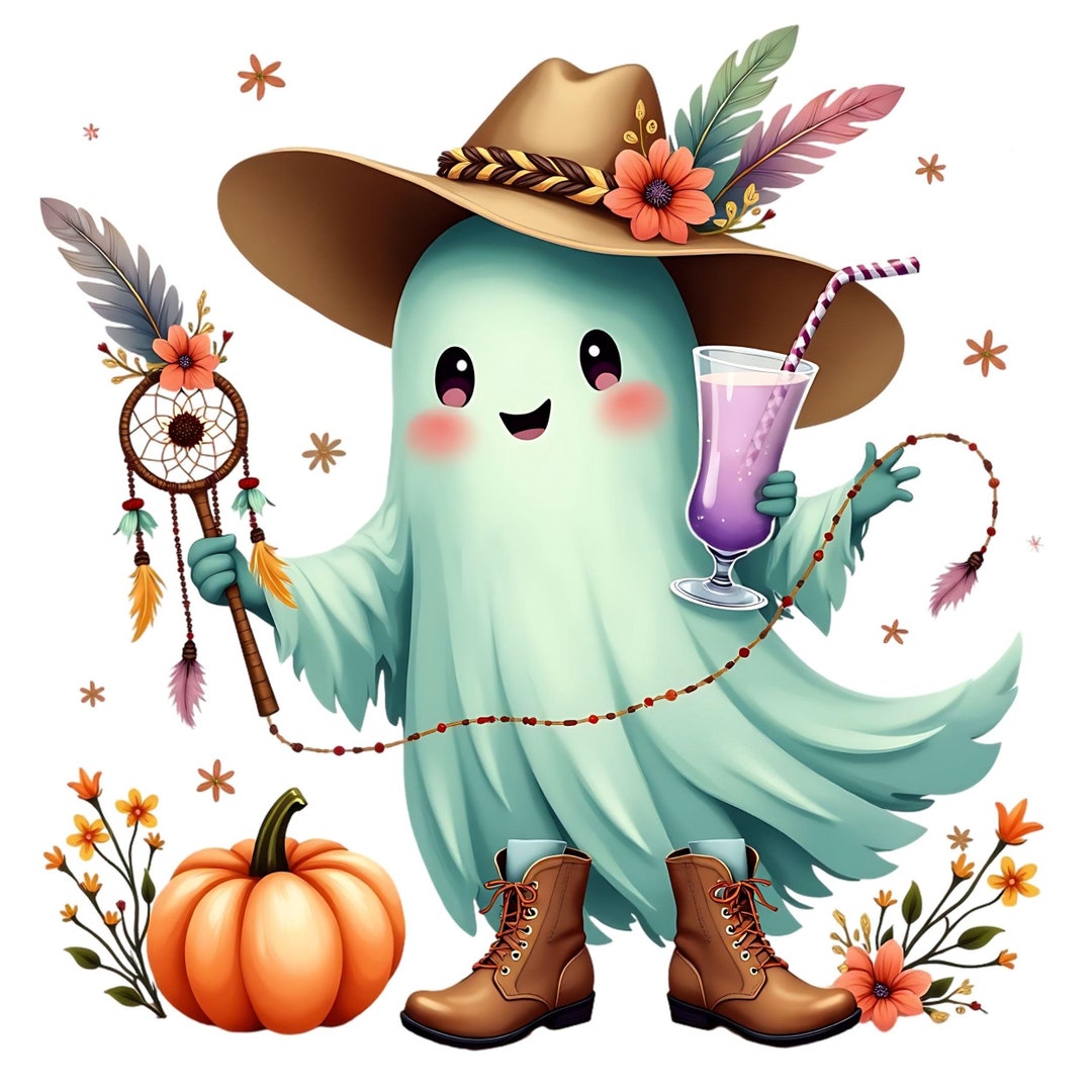15 Girly Boho Ghost With Hat Drinking Juice Clip Art Bundle, Halloween ...