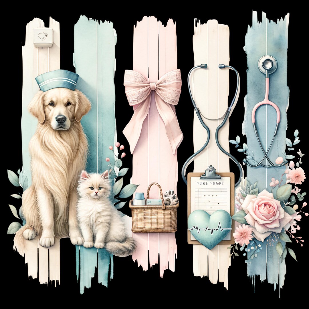 Brush Stroke 4 Panel Cute Nurse Dog and Cat Digital Poster, Veterinary ...