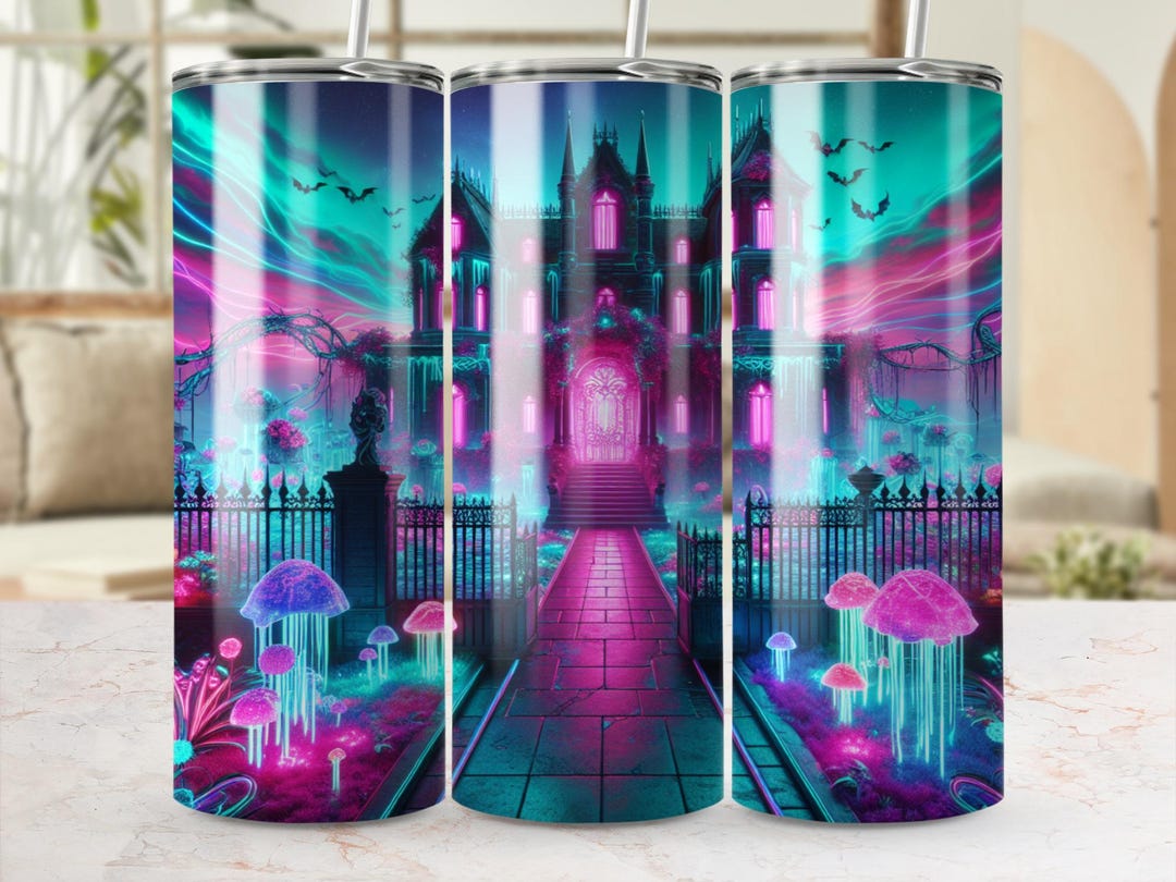 Neon Haunted House Tumbler Wrap, Gothic Mansion PNG (digital Download ...