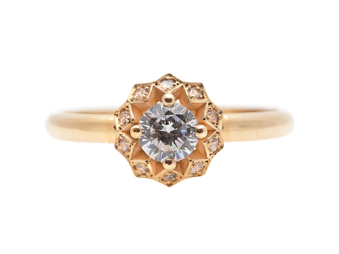 14K Yellow Gold Geometric Flower Shape Engagement Ring With Lab Created ...