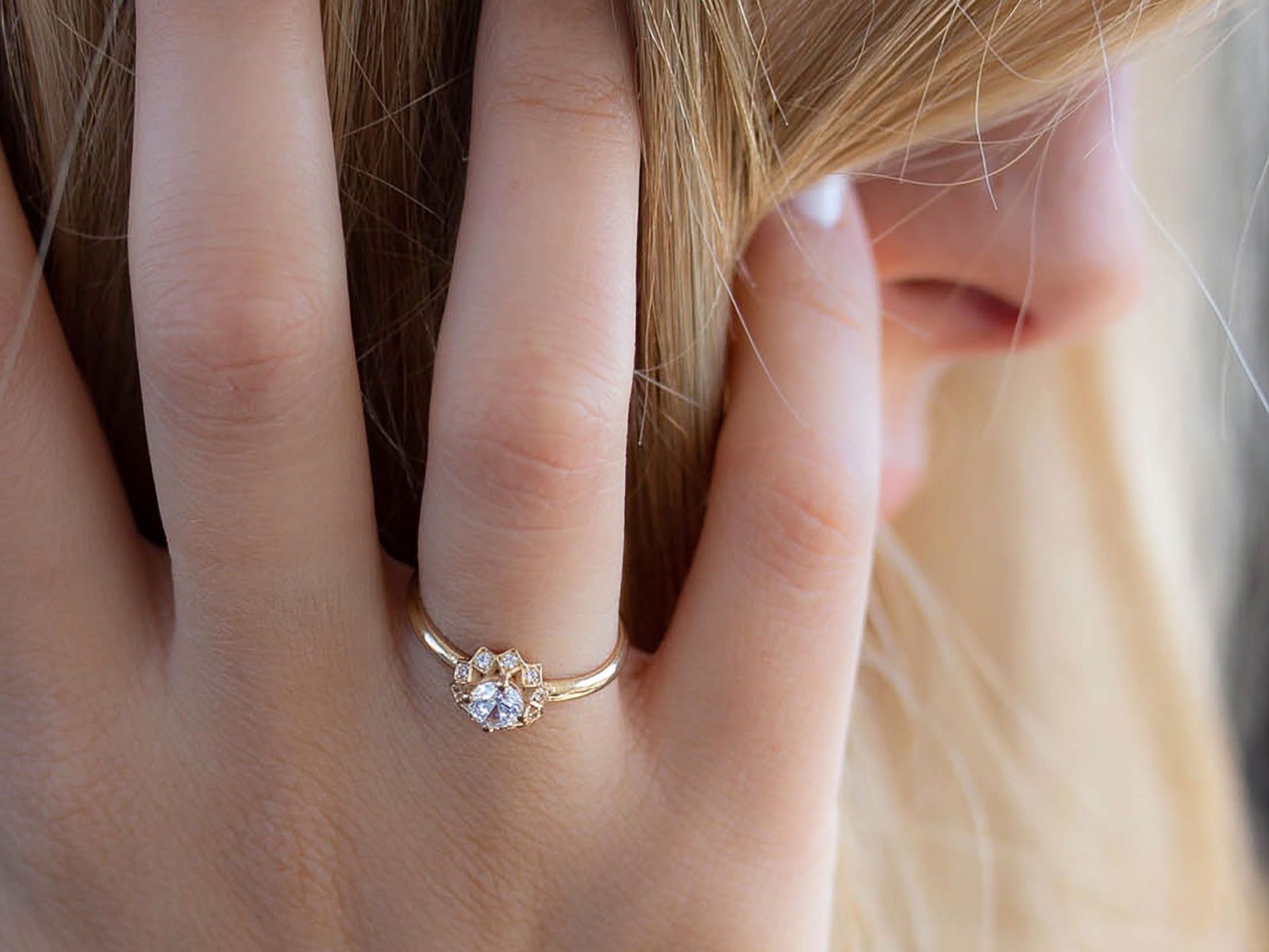 14K Yellow Gold Geometric Flower Shape Engagement Ring With Lab Created ...