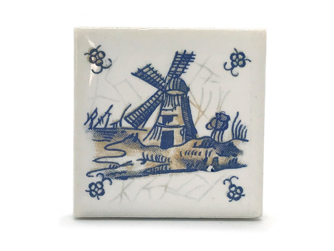 Vintage Delfts Blue and White Windmill Miniature Tile | 4cm X 4cm ...