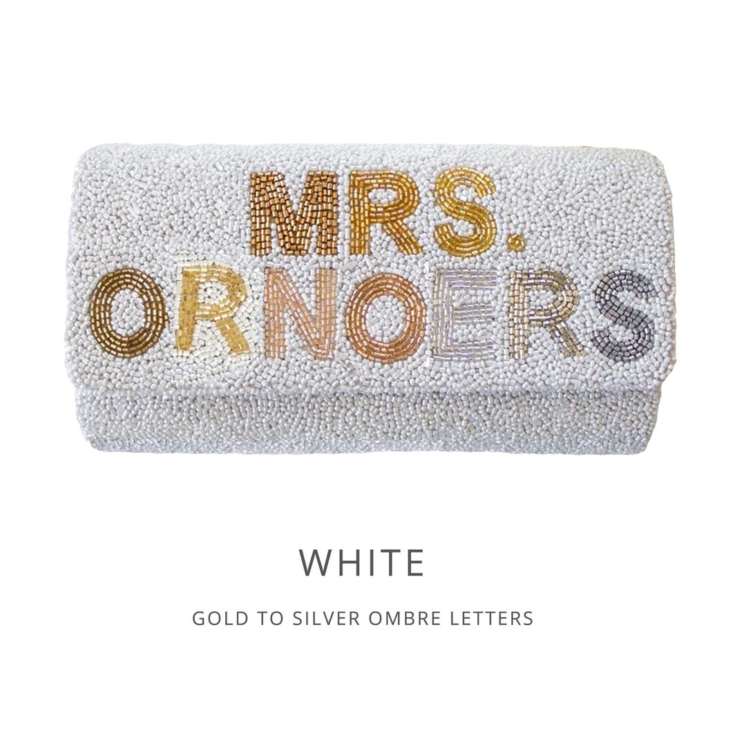 Mrs. Last Name, Half Barrel Custom Beaded Clutch, White Beaded Clutch ...