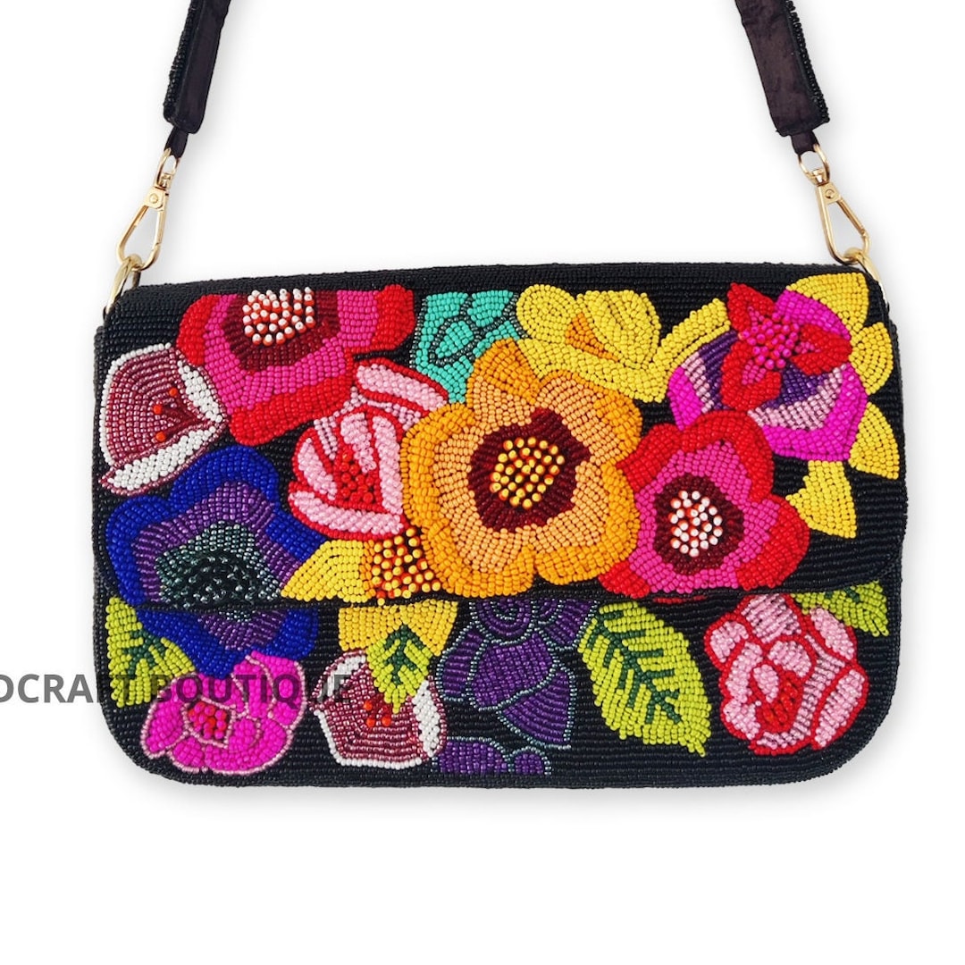 Floral Design Hand Beaded Clutch Bag, Colorful Clutch, Beaded Purse ...