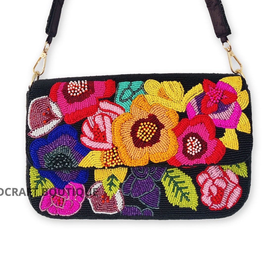 Floral Design Hand Beaded Clutch Bag, Colorful Clutch, Beaded Purse ...