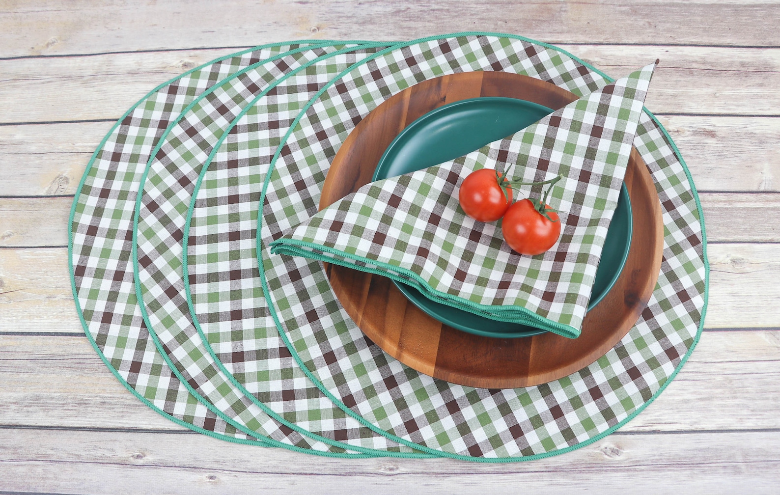Green, Brown, White Gingham Placemats, Round Table Placemat, Set of 4 ...