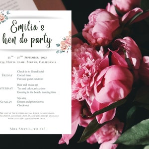 Hen Do Itinerary Template, Bachelorette Schedule, Bride to Be Printable ...