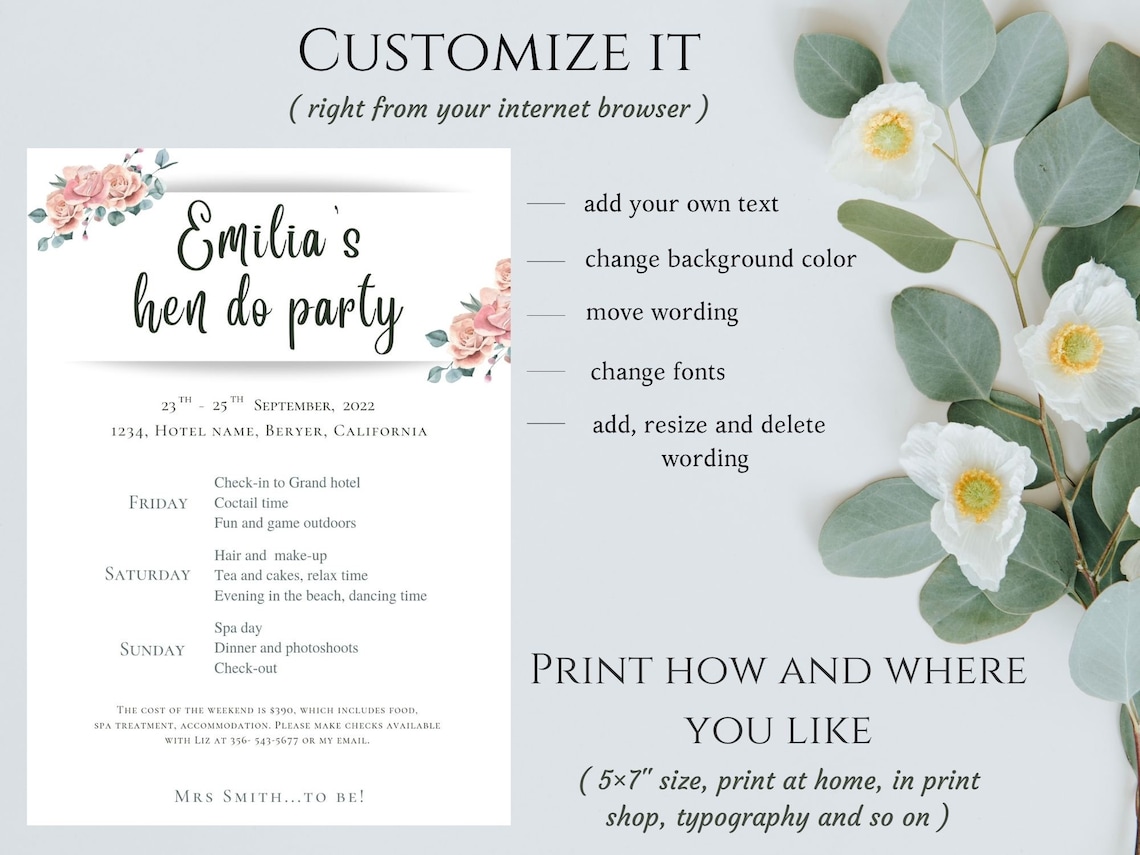 Hen Do Itinerary Template, Bachelorette Schedule, Bride to Be Printable ...