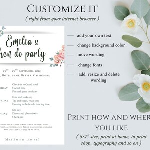 Hen Do Itinerary Template, Bachelorette Schedule, Bride to Be Printable ...