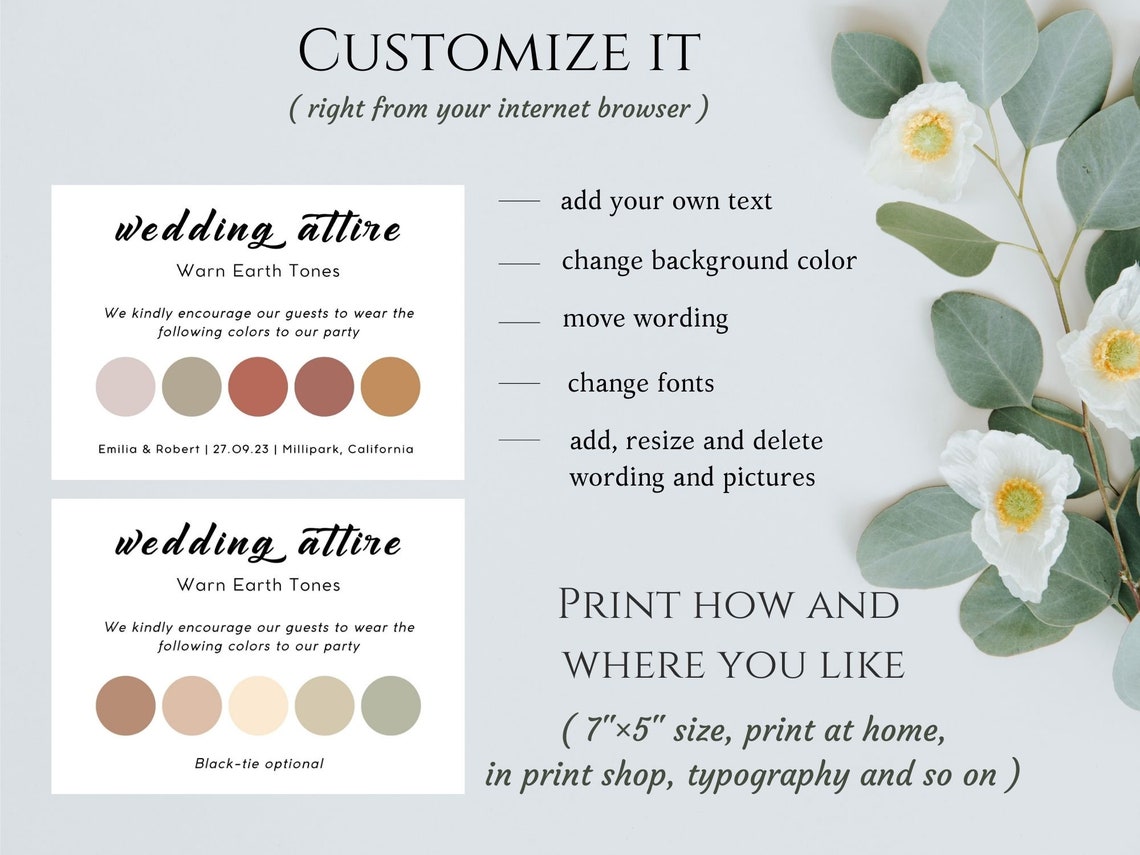 Wedding Attire, Dress Code Details Card, Editable Color Attire Canva ...