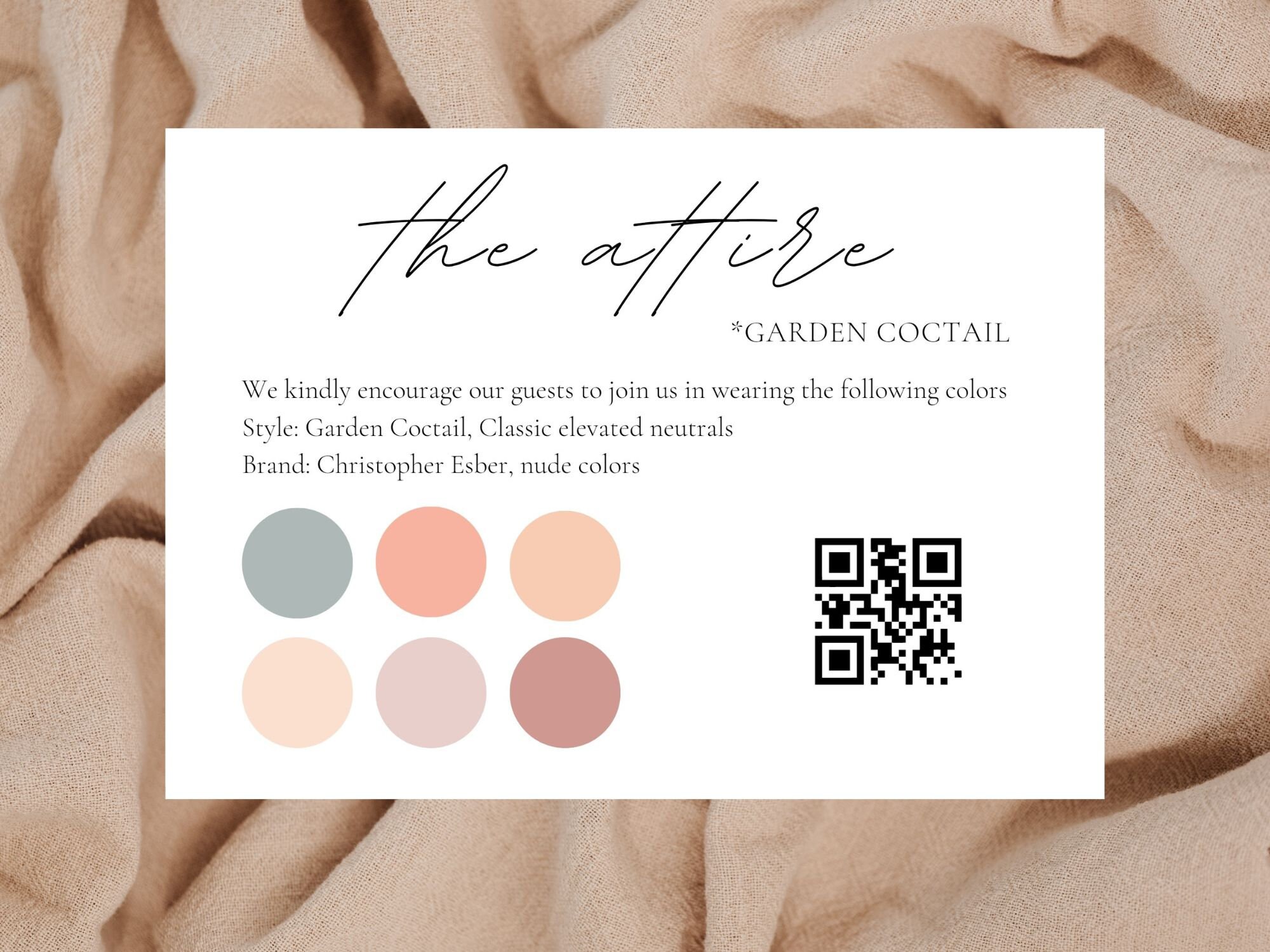 QR Attire Card, Canva Guest Dresscode, Editable Wedding Color Info, Color Coordinate, Day of ...