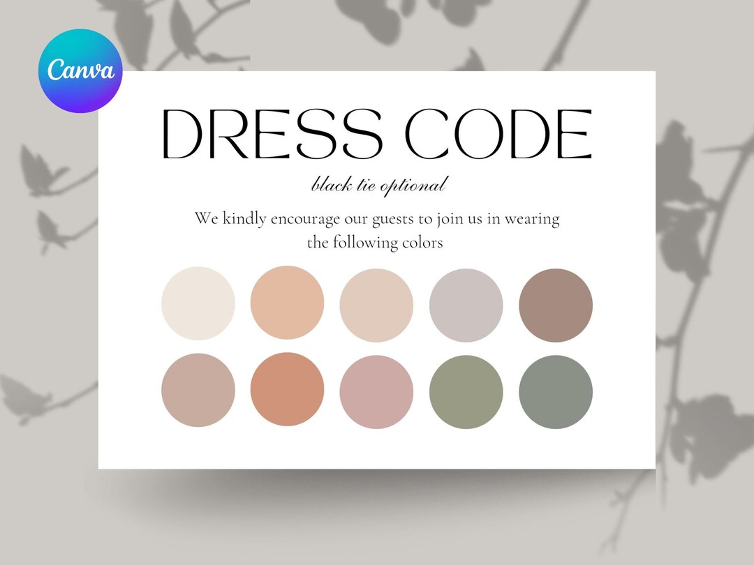 Editable Guest Dress Code Card: Black Tie Event Attire Palette Template ...