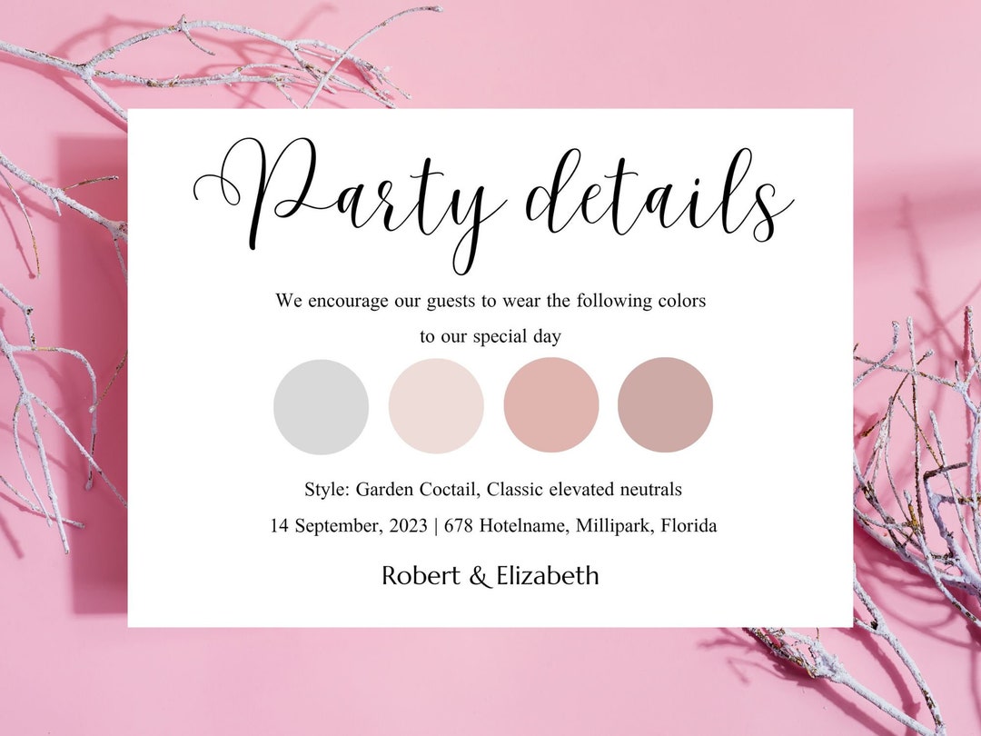 Party Details Card, Dress Code Insert, Party Info Card, Editable Canva ...