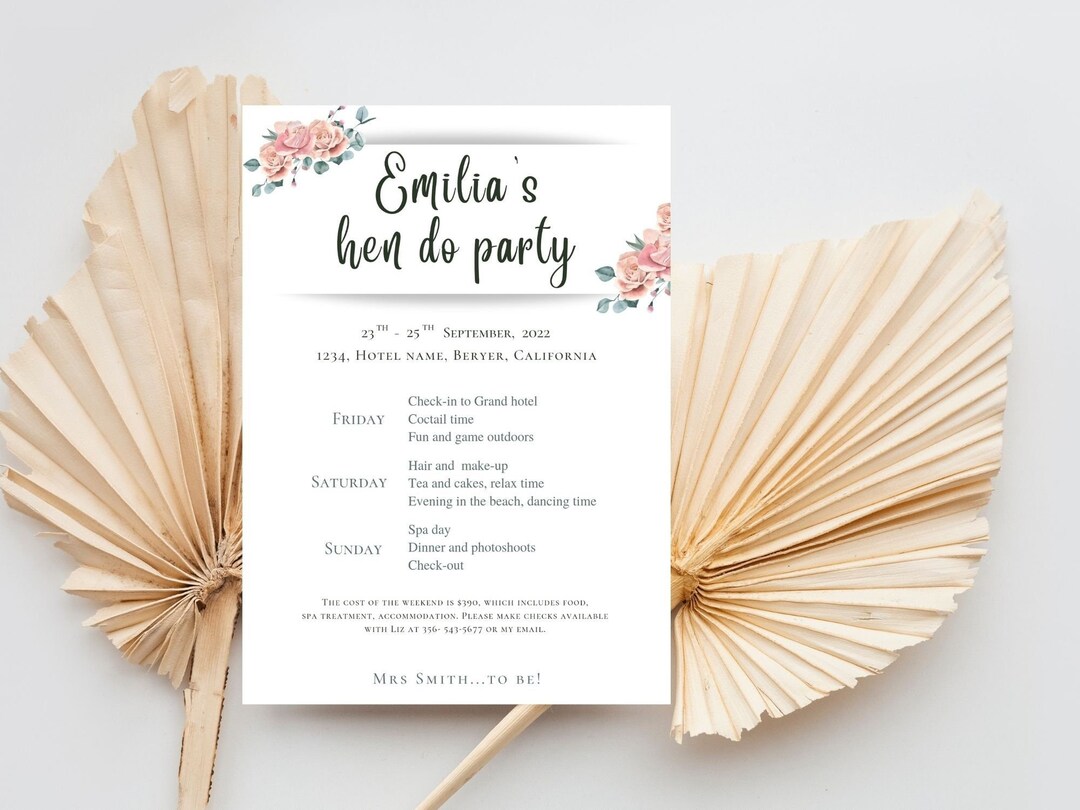 Hen Do Itinerary Template, Bachelorette Schedule, Bride to Be Printable ...