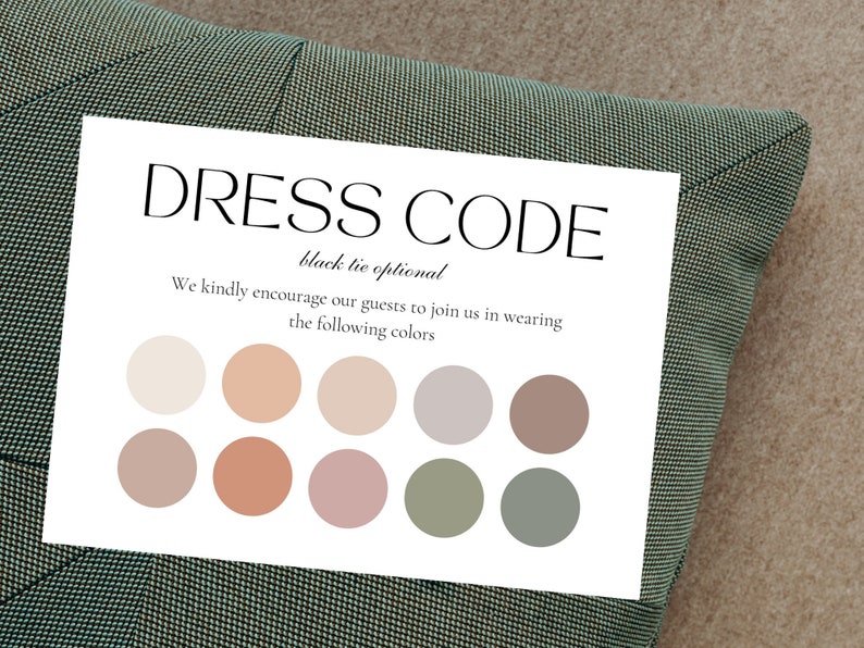 Editable Guest Dress Code Card: Black Tie Event Attire Palette Template ...