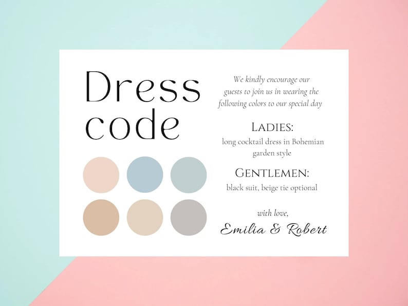 Dress Code Details Card, Wedding Dress Code Policy, Minimalist Wedding ...