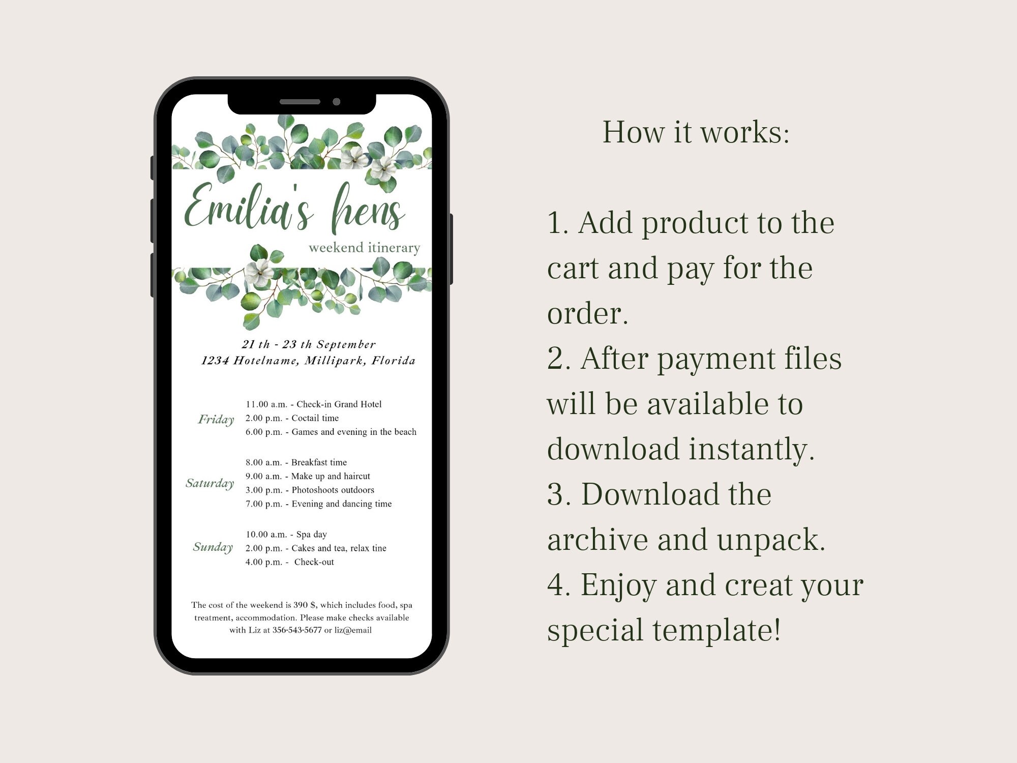 Digital Hen Do Itinerary, Eucalyptus Whatsapp Hens Invitation, Bridal ...